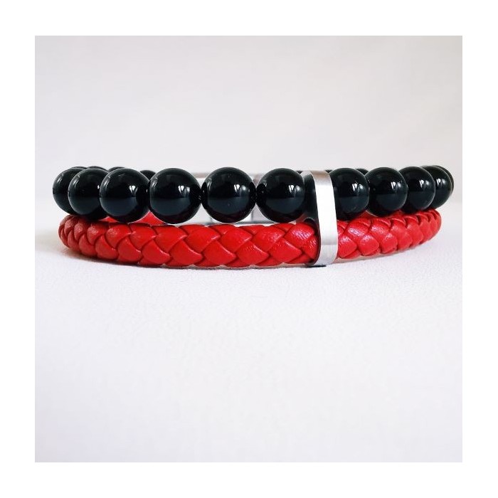 Bracelet Homme Cuir rouge et onyx noir